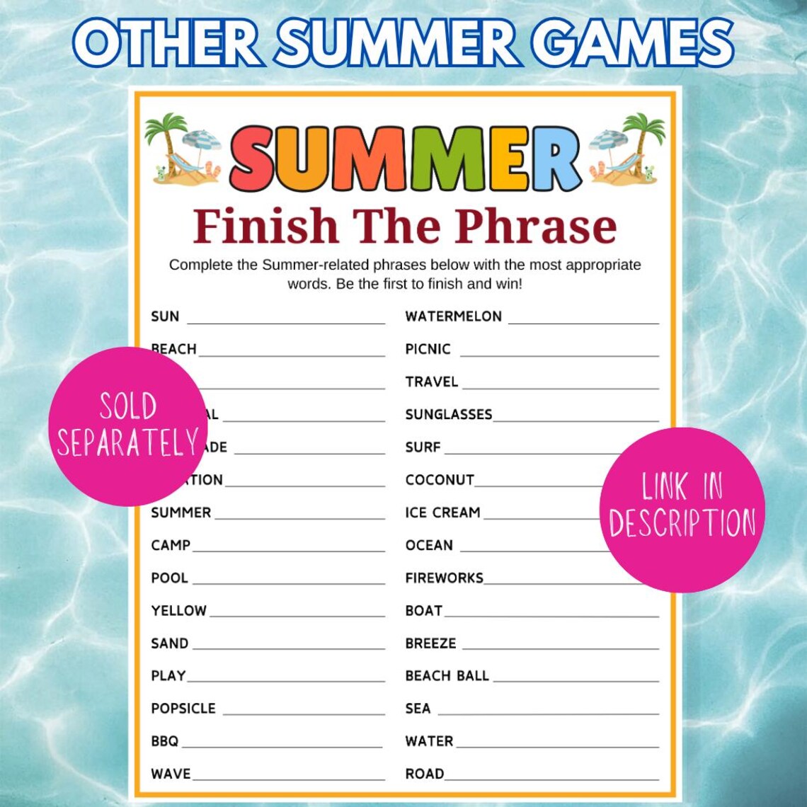 Summer Trivia Game, Summer Quiz Game, Printable Summer Activity Games ...