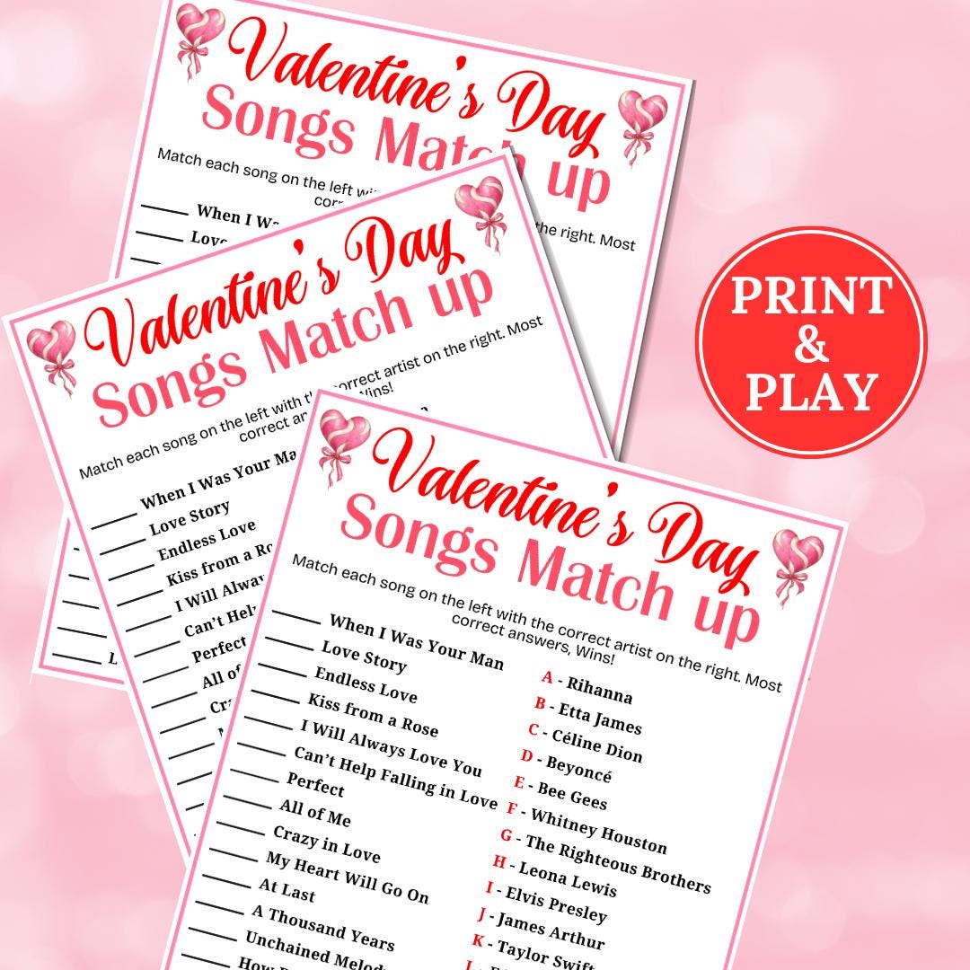 Valentine's Day Love Song Match-up, Valentines Match Game, Valentines ...