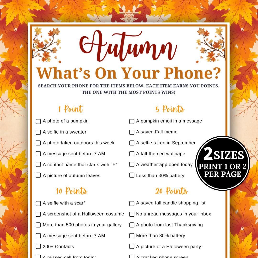 Autumn What's on Your Phone Game, Fall Party Game, Printable Family ...