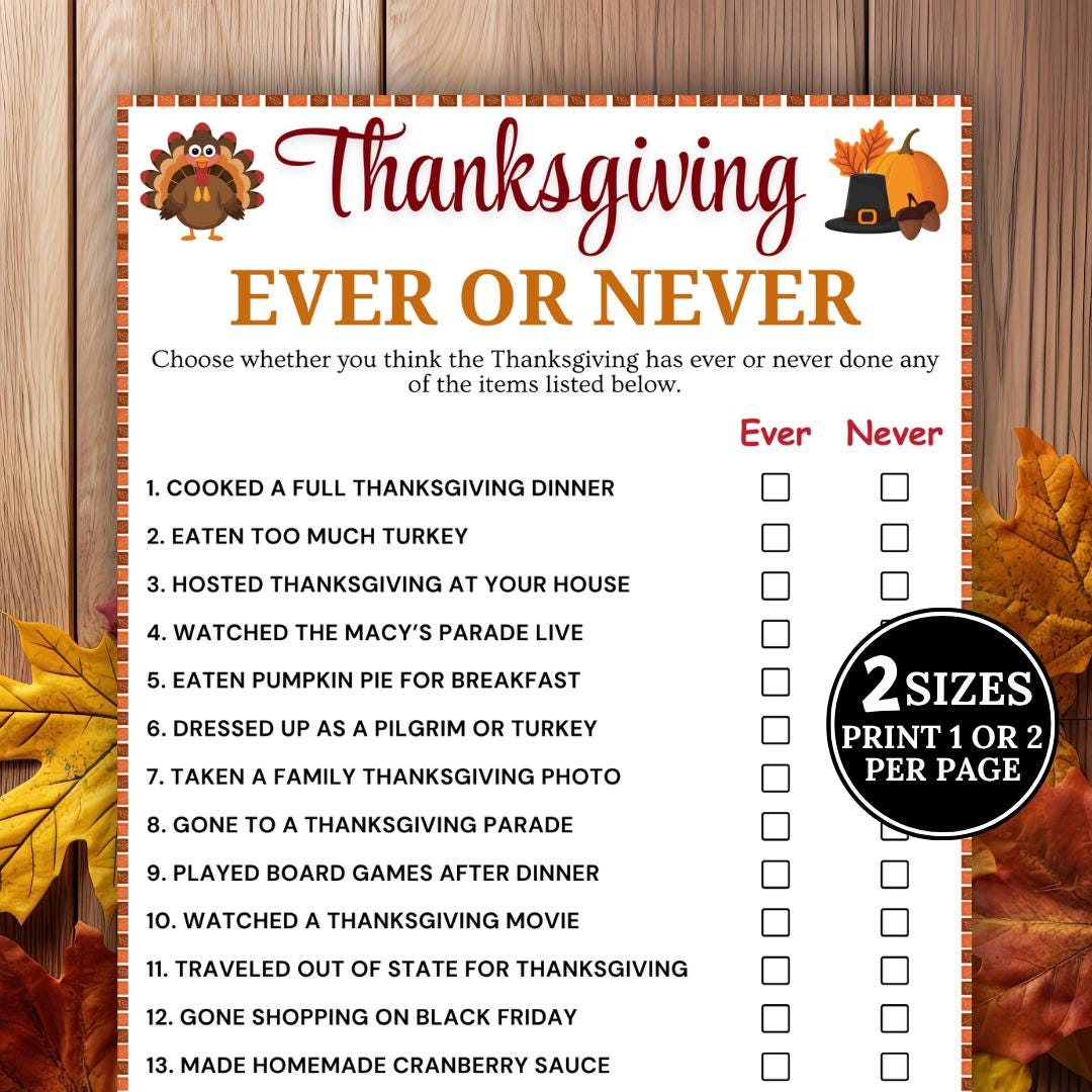 Thanksgiving Ever or Never Game, Never Have I Ever, Thanksgiving Games ...