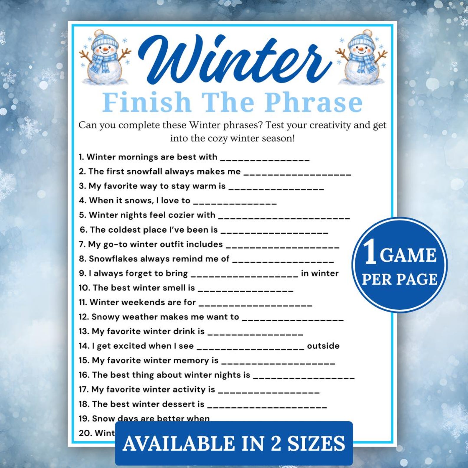 Winter Finish the Phrase Game, Printable Winter Party Games, Winter ...