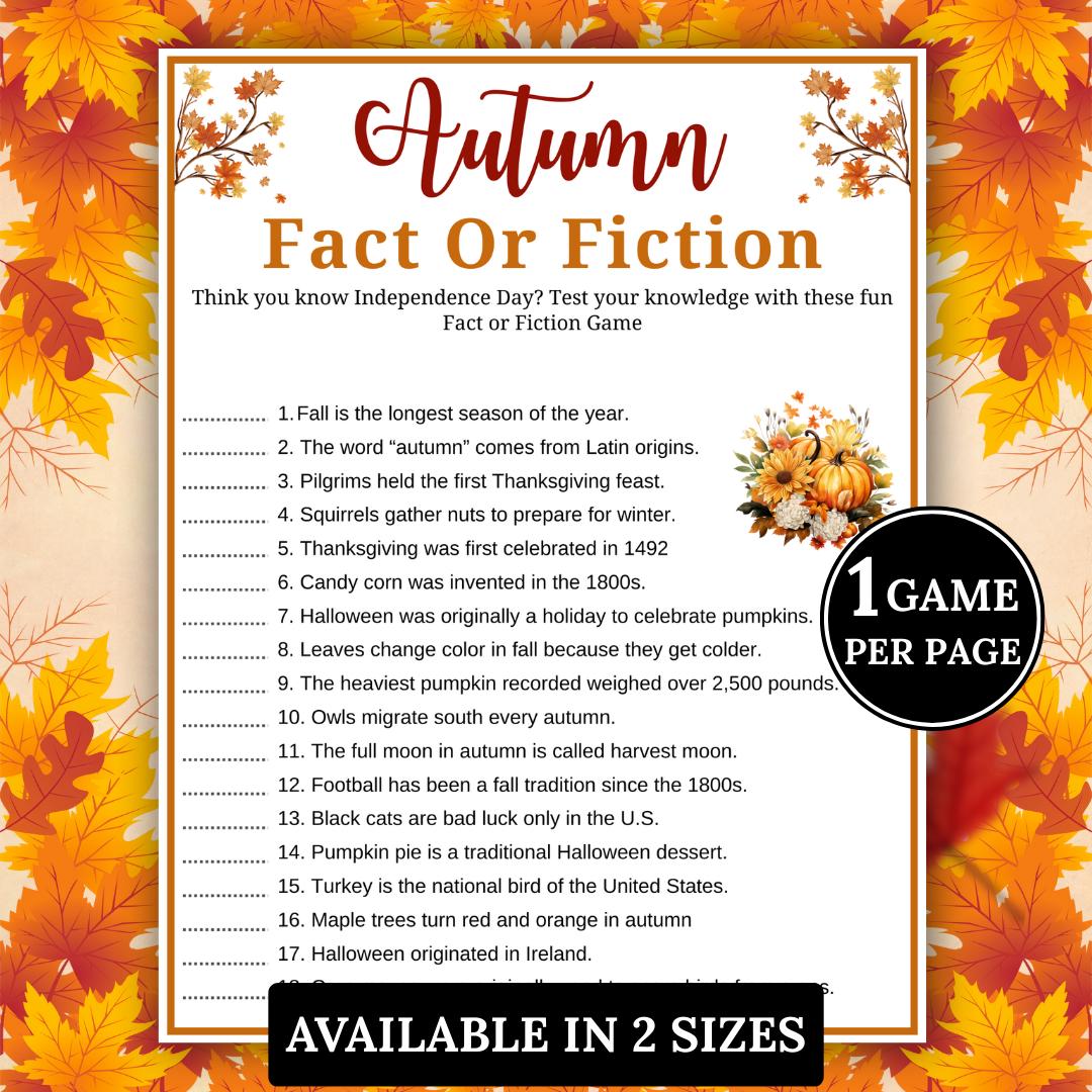 Fall Fact or Fiction Game, Printable Autumn Party Game, True or False ...