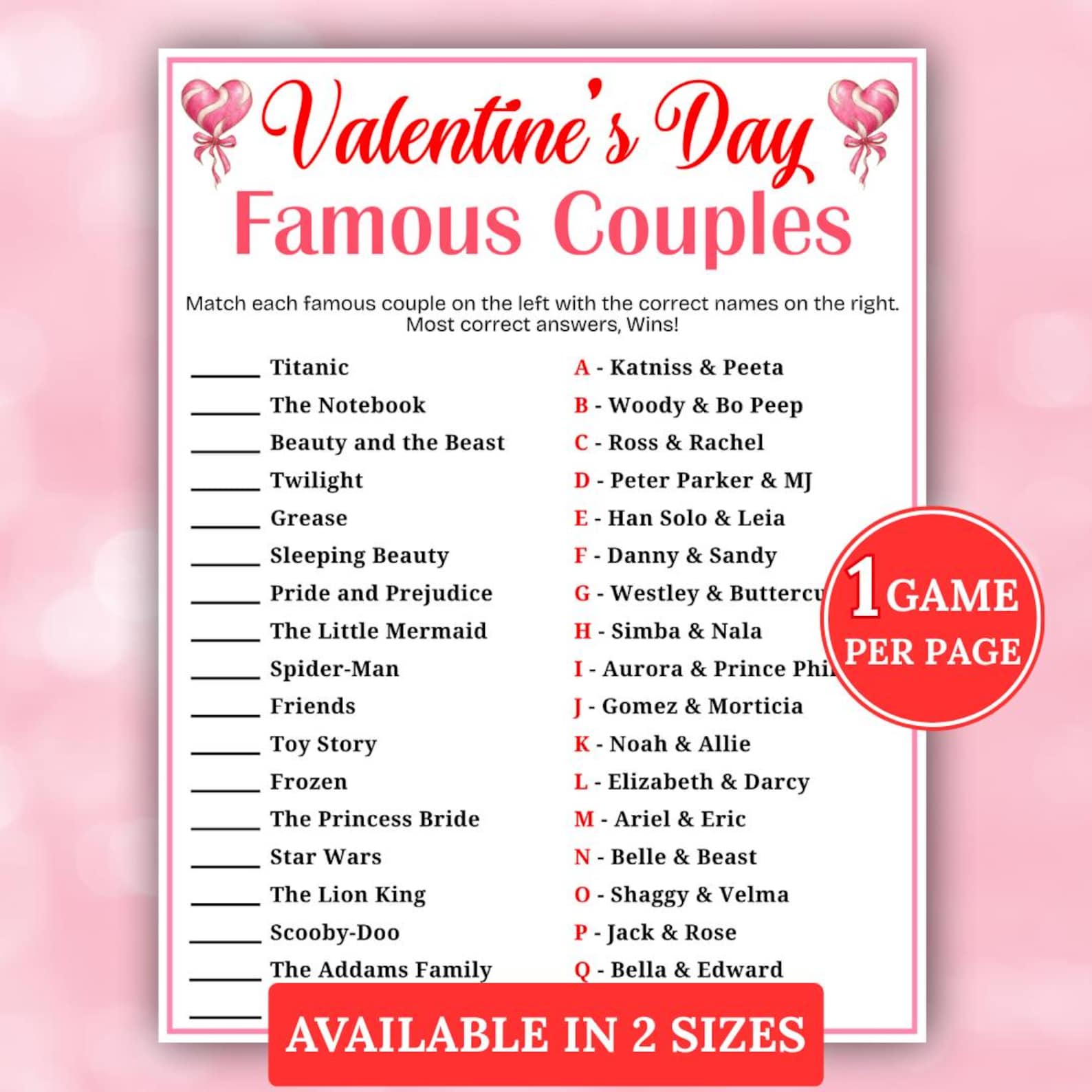 Match the Famous Couples Game, Valentine's Day Match-up Game, Holiday ...