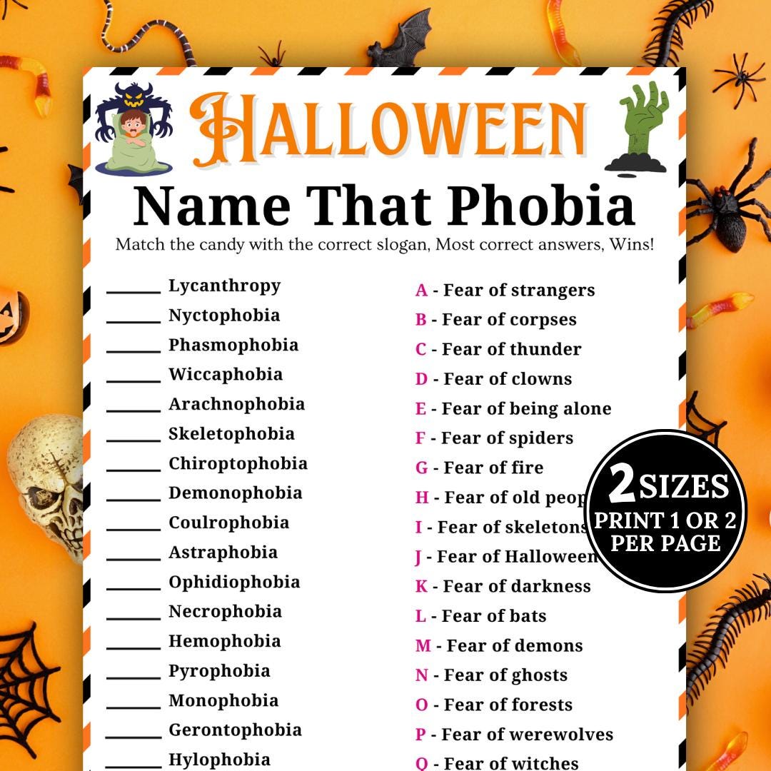 Halloween Name That Phobia Match up Game, Phobia Trivia Games, Games ...