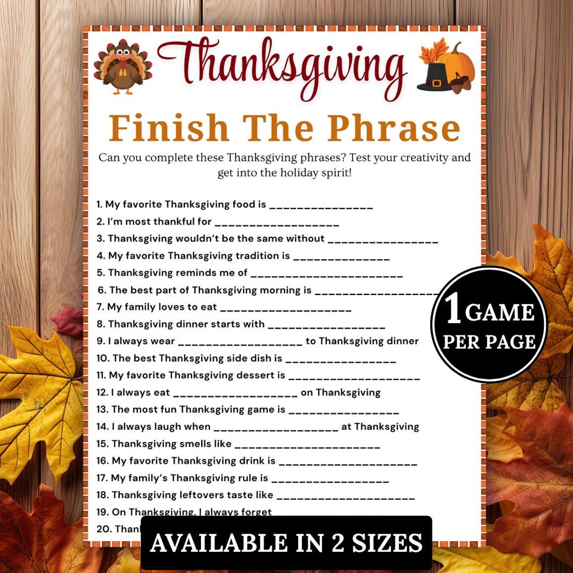 Thanksgiving Finish the Phrase Game, Thanksgiving Games, Thanksgiving ...