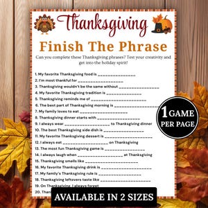 Thanksgiving Finish the Phrase Game, Thanksgiving Games, Thanksgiving ...