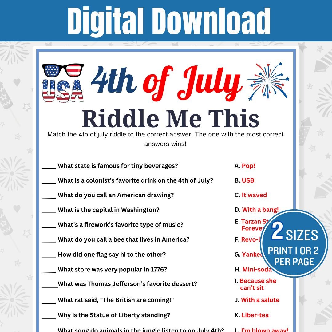 4th of July Riddle Game, Printable 4th of July Party Games, Patriotic ...
