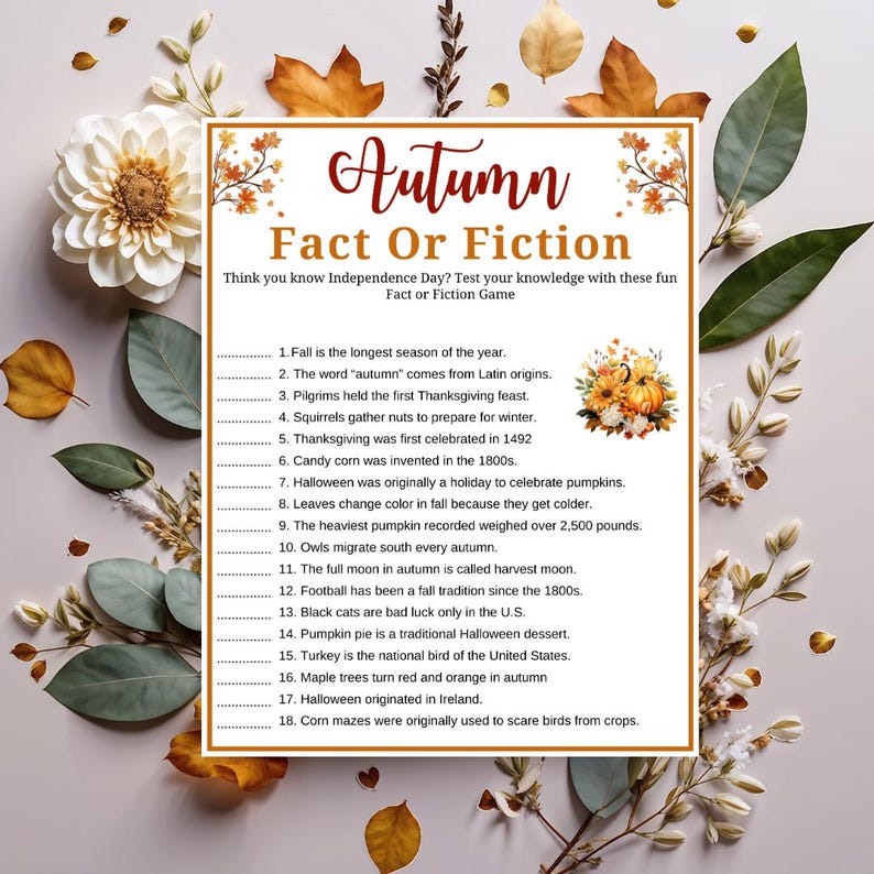 Fall Fact or Fiction Game, Printable Autumn Party Game, True or False ...