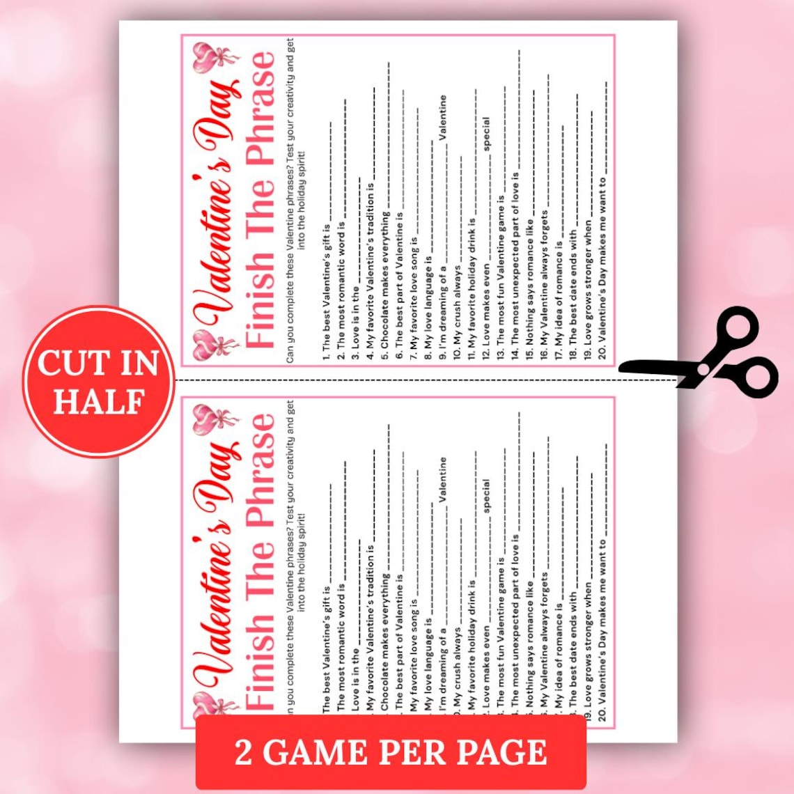 Valentine's Day Finish the Phrase Game, Printable Party Games ...