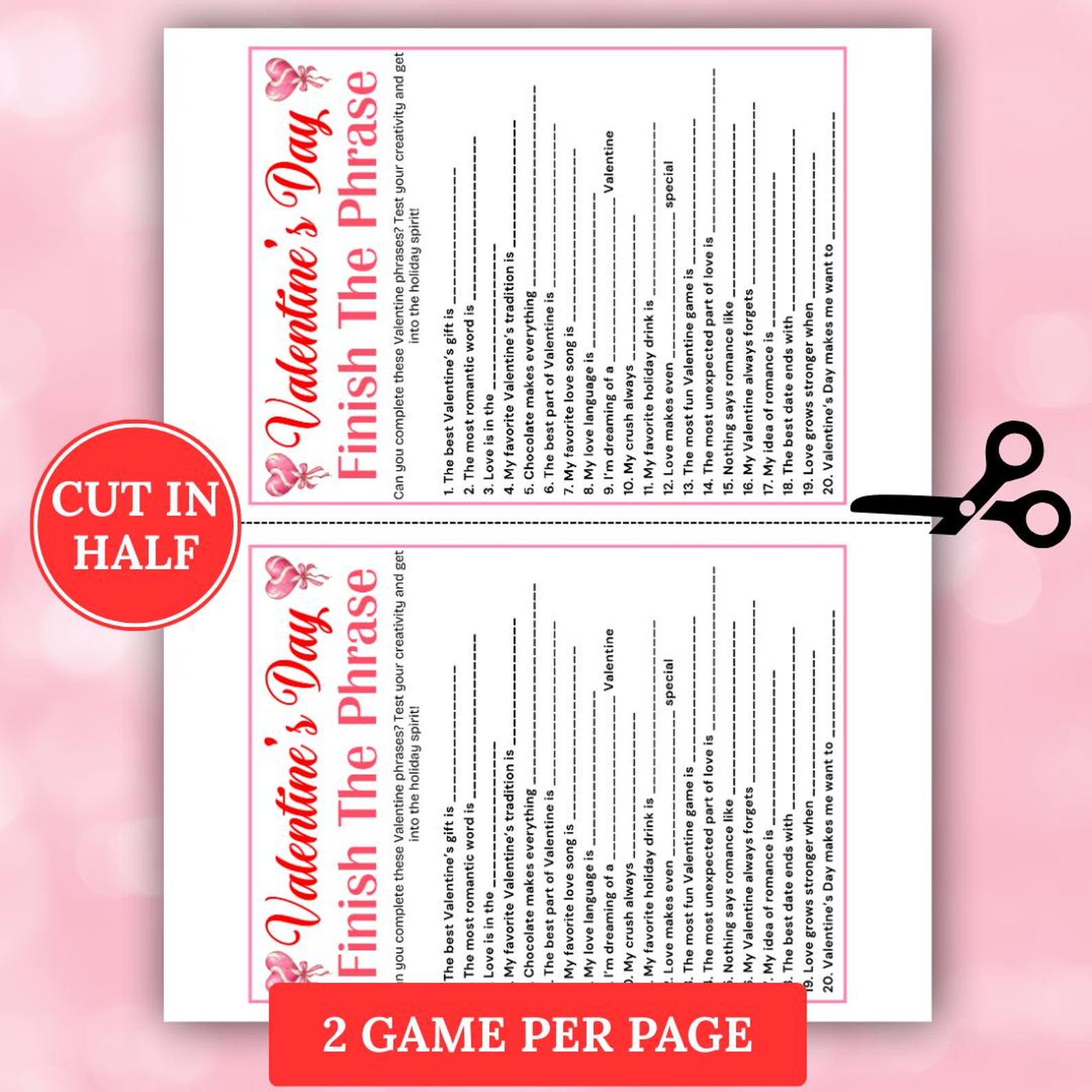 Valentine's Day Finish the Phrase Game, Printable Party Games ...