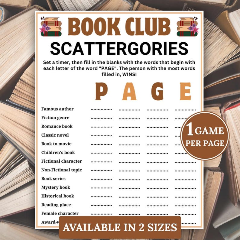 Scattergories Game, Book Club Game, Book Club Party Game, Category ...