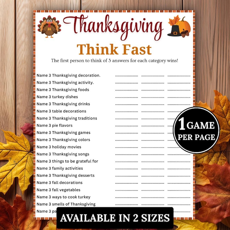 Thanksgiving Think Fast Game, Trivia Game, Thanksgiving Game, Think ...