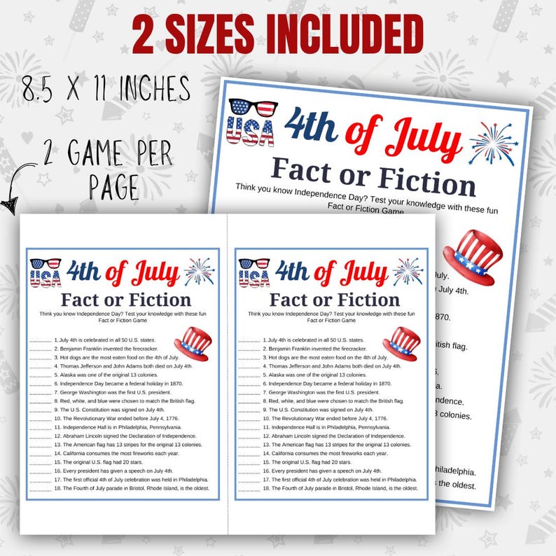 4th of July Trivia Game, Fact or Fiction Quiz, 4th of July Games, 4th ...