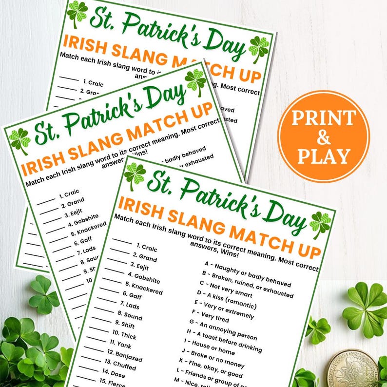 St Patricks Day Irish Slang Match up Game, Office Party Icebreaker, St ...
