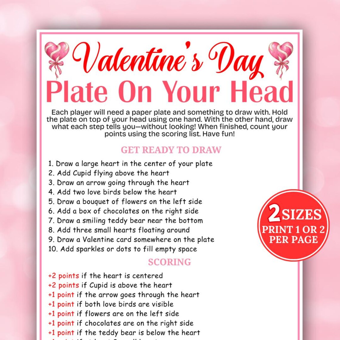 Valentine's Day Plate on Your Head Game, Holiday Drawing Game ...