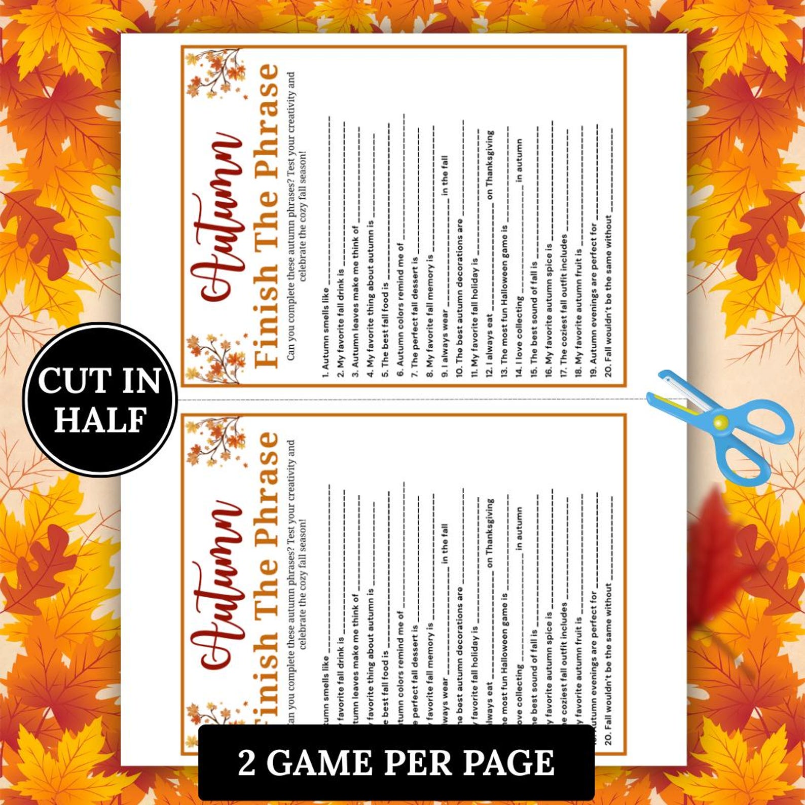 Autumn Finish the Phrase Game Printable | Fall Party Game, Thanksgiving ...