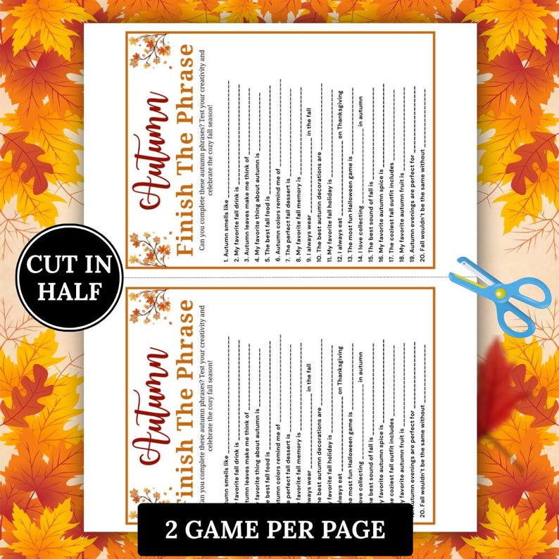 Autumn Finish the Phrase Game Printable | Fall Party Game, Thanksgiving ...