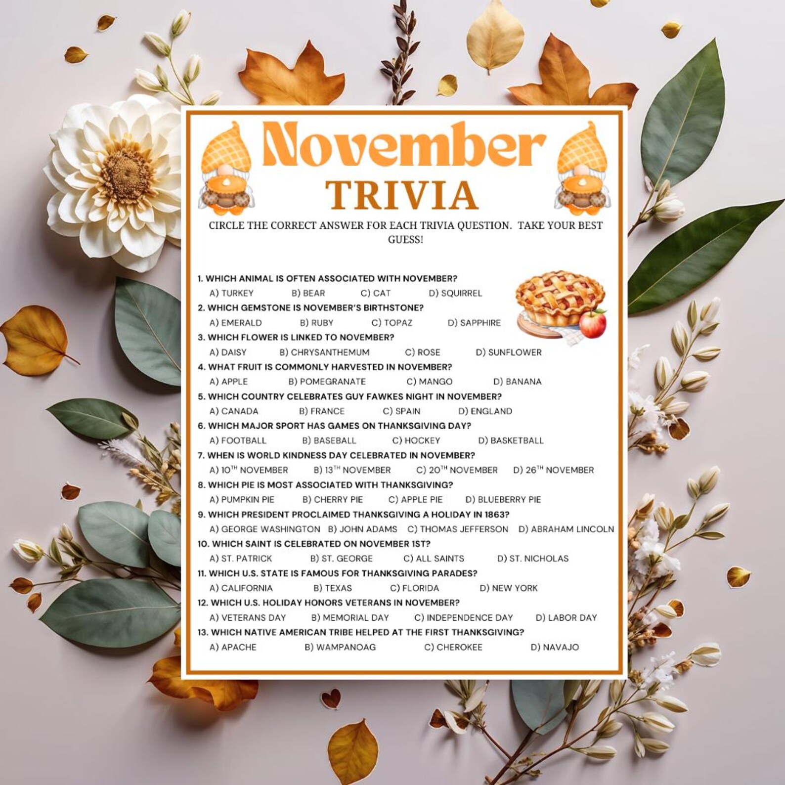 November Trivia Game, Printable November Quiz, Fall Games, Fall Party ...
