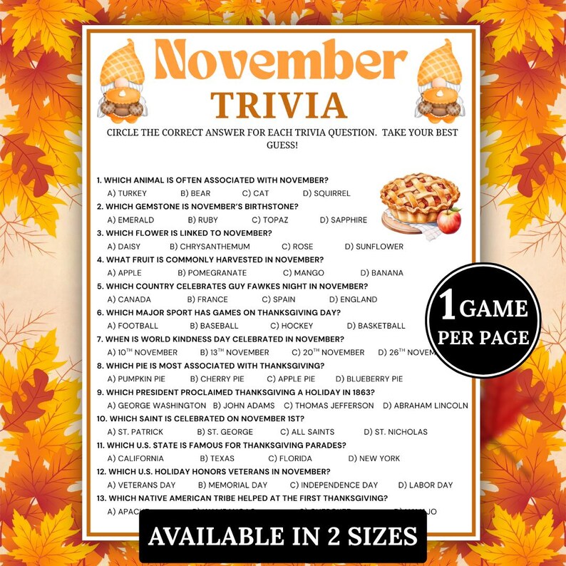 November Trivia Game, Printable November Quiz, Fall Games, Fall Party ...