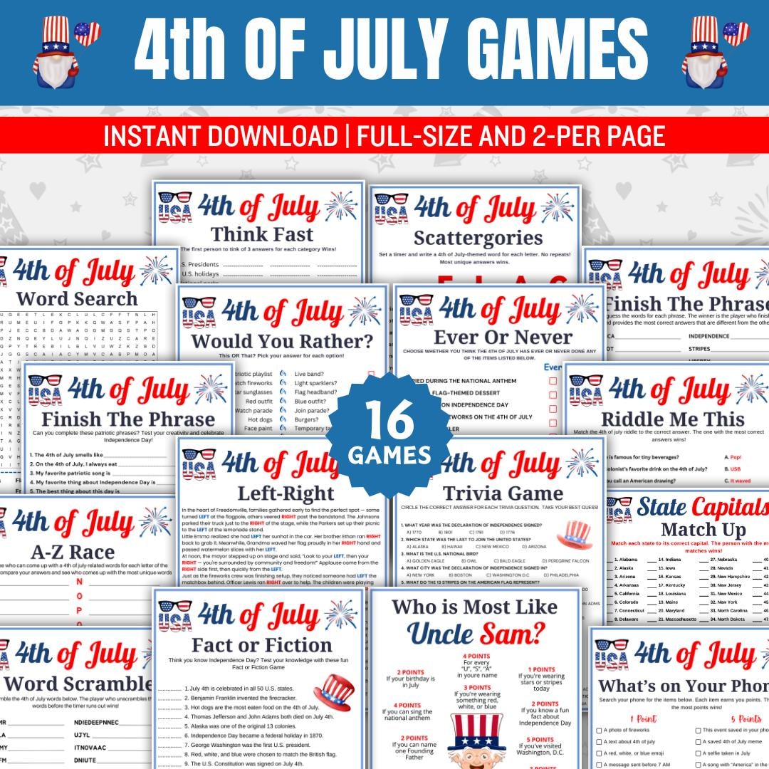 Printable 4th of July Party Games, 4th of July Games Bundle, 4th of ...
