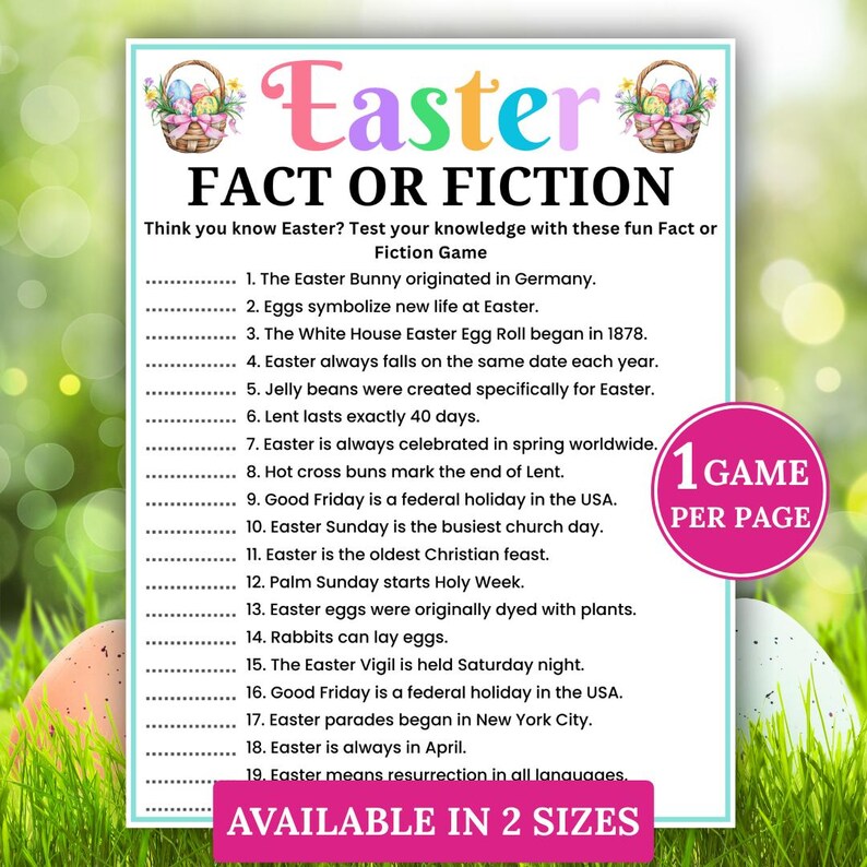 Easter Fact or Fiction Game, Easter Party Game, True or False Game ...