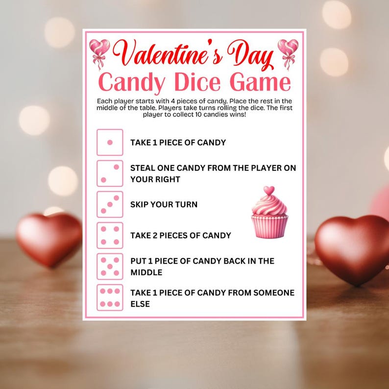 Valentine's Day Candy Dice Game, Valentine Party Game, Pass the Candy ...