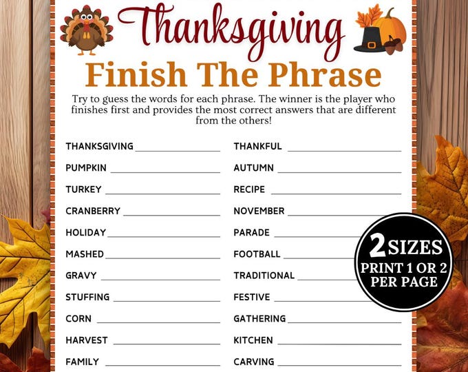 Thanksgiving Finish the Phrase Game, Printable Thanksgiving Party Games ...