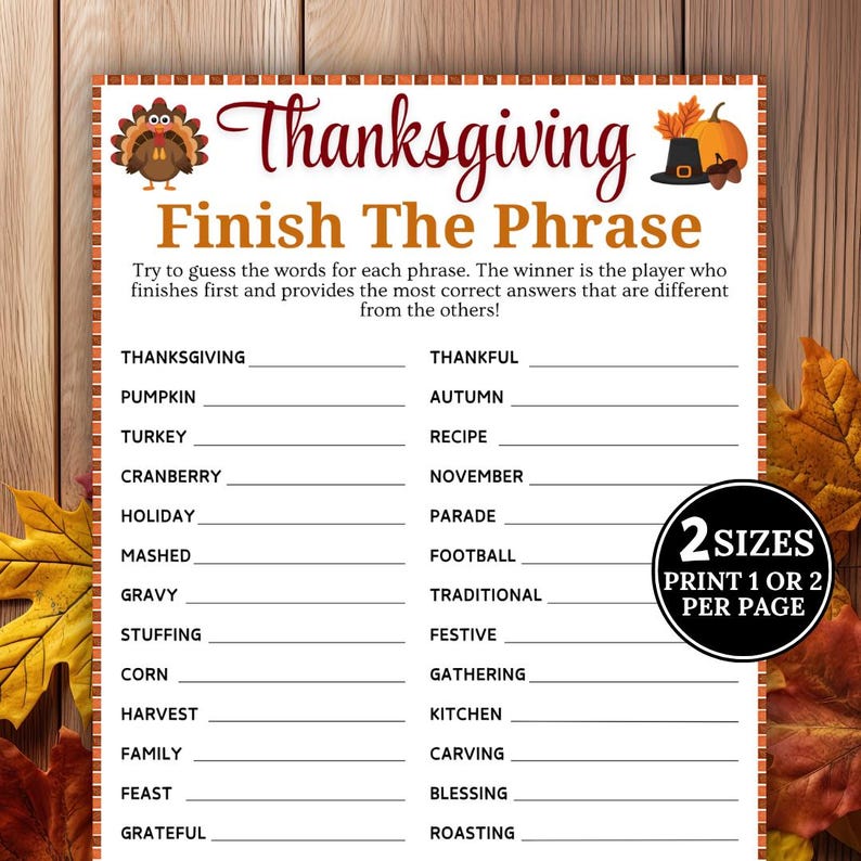 Thanksgiving Finish the Phrase Game, Printable Thanksgiving Party Games ...