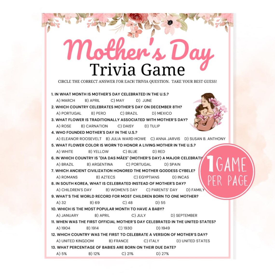 Mother's Day Trivia Game, Mother's Day Quiz Game, Mothers Day Party ...