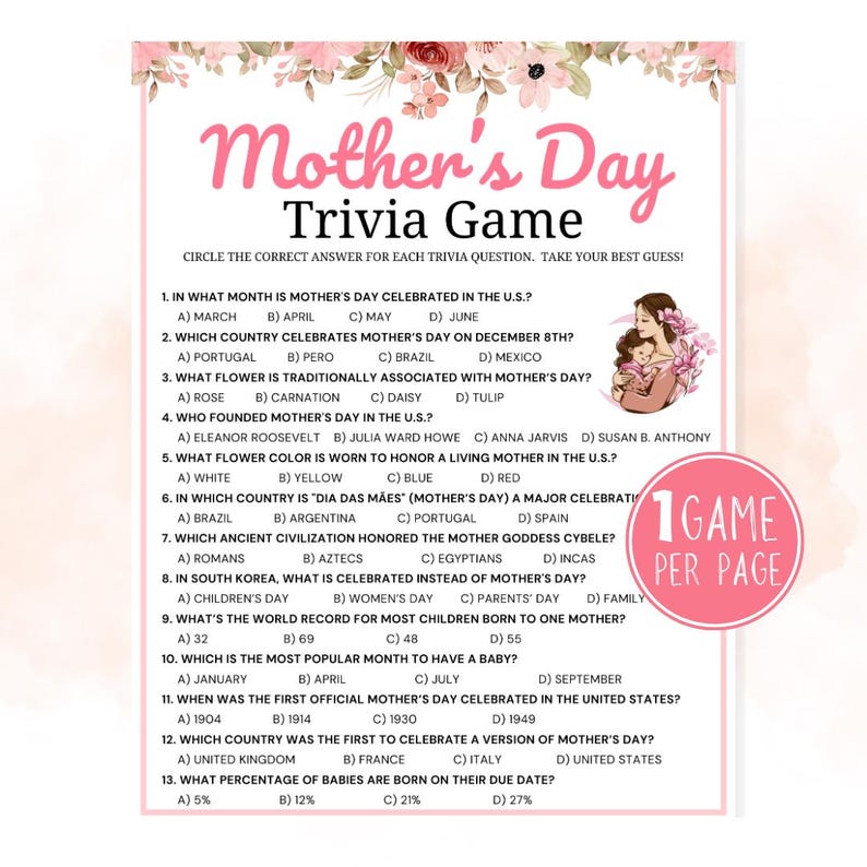 Mother's Day Trivia Game, Mother's Day Quiz Game, Mothers Day Party ...