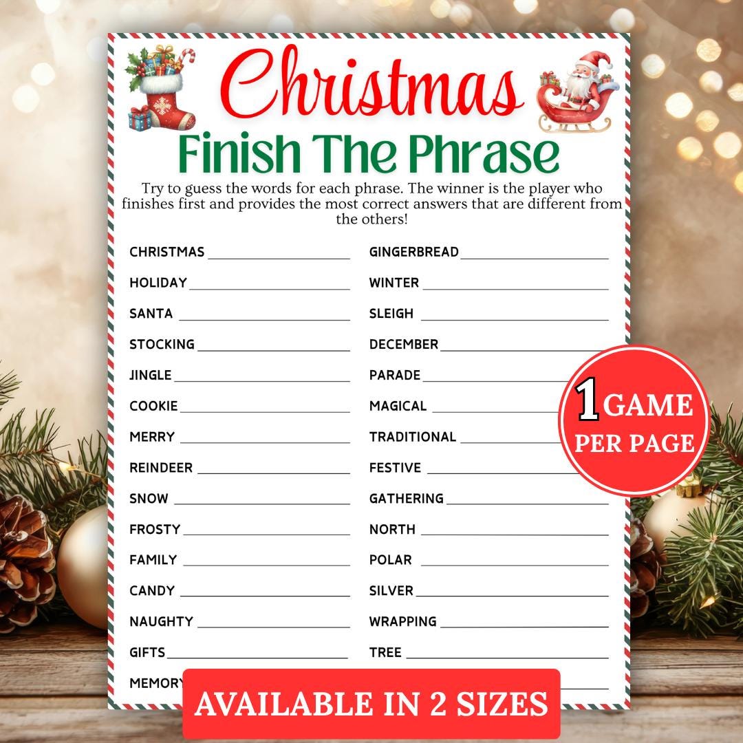 Christmas Finish the Phrase Game, Printable Christmas Group Party Game ...