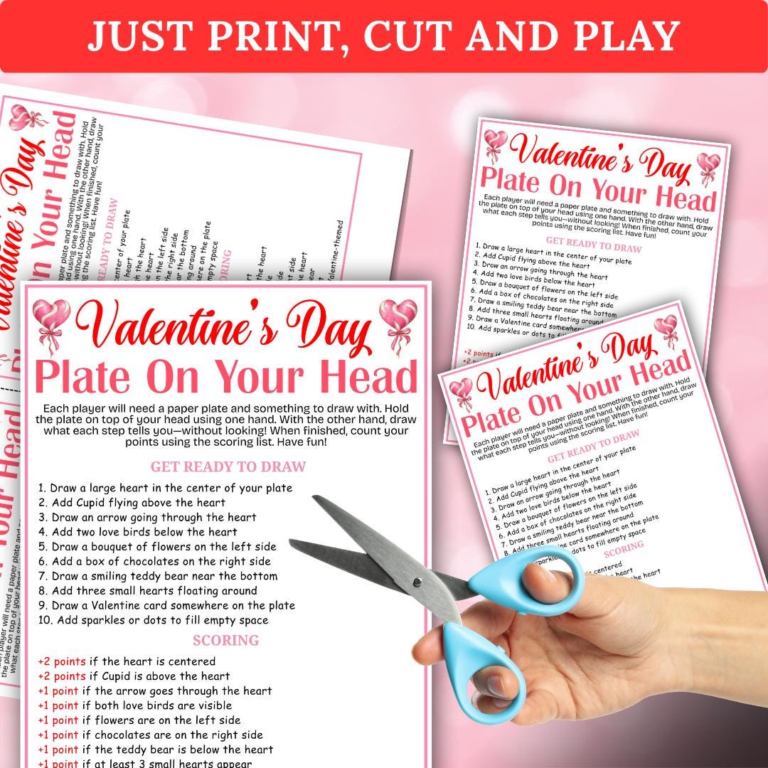 Valentine's Day Plate on Your Head Game, Holiday Drawing Game ...
