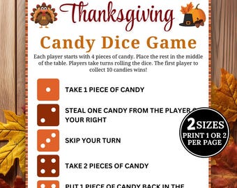 Thanksgiving Candy Dice Game, Thanksgiving Party Game Printable, Candy ...