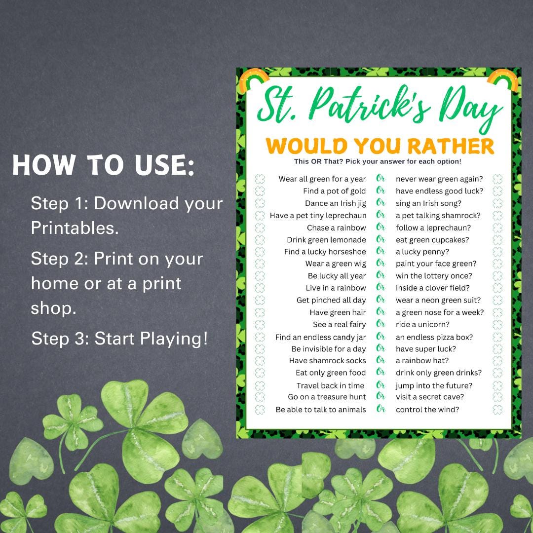 St Patrick's Day Would You Rather Game, Printable This or That Games ...