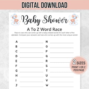 Baby Shower A-Z Race Word Game, A-Z Game Printable, Office Party A to Z ...