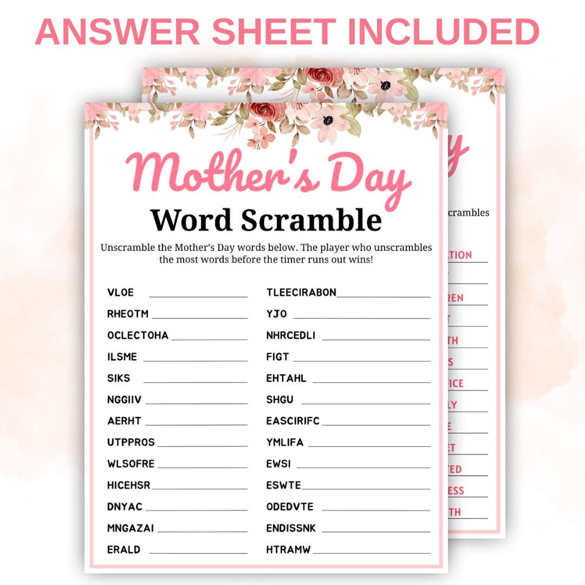 Mother's Day Word Scramble Game, Printable Mothers Day Games, Word ...