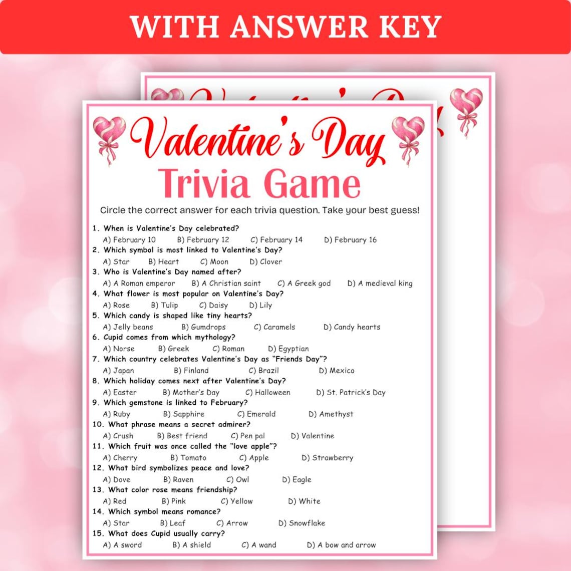 Valentine's Day Trivia Game, Printable Party Activity, Trivia Quiz ...