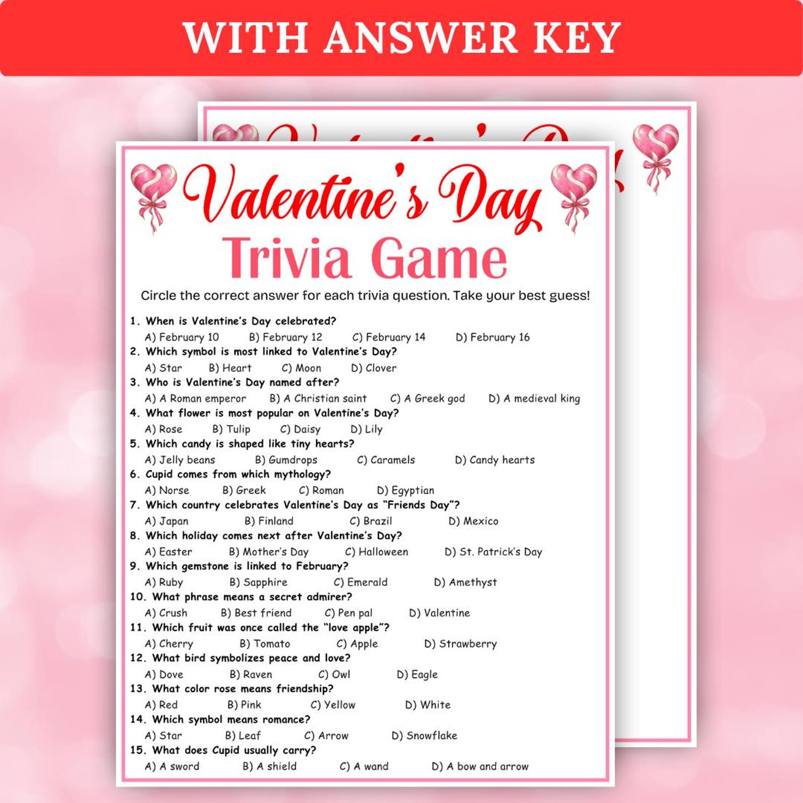 Valentine's Day Trivia Game, Printable Party Activity, Trivia Quiz ...