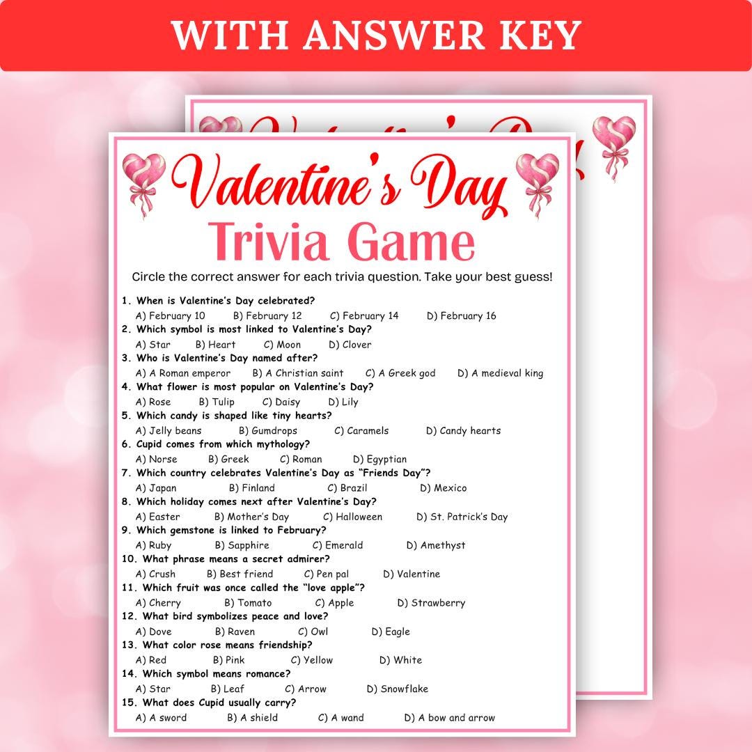 Valentine's Day Trivia Game, Printable Party Activity, Trivia Quiz ...