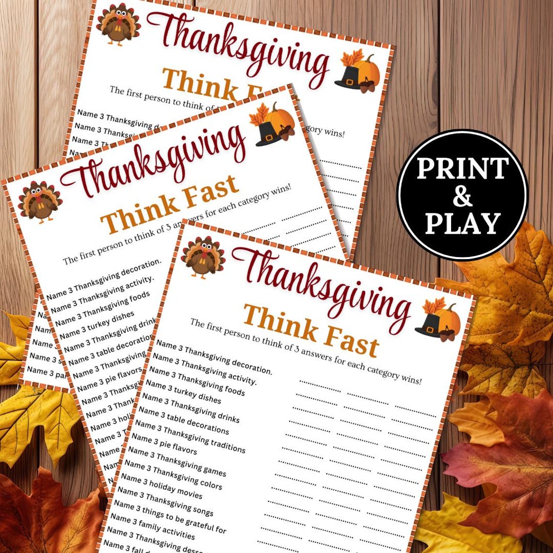 Thanksgiving Think Fast Game, Trivia Game, Thanksgiving Game, Think ...
