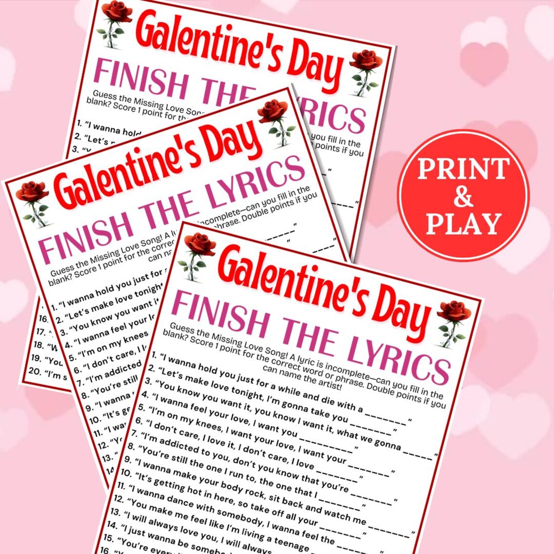 Galentine's Finish the Lyrics Game, Love Song Quiz, Printable Galentine ...