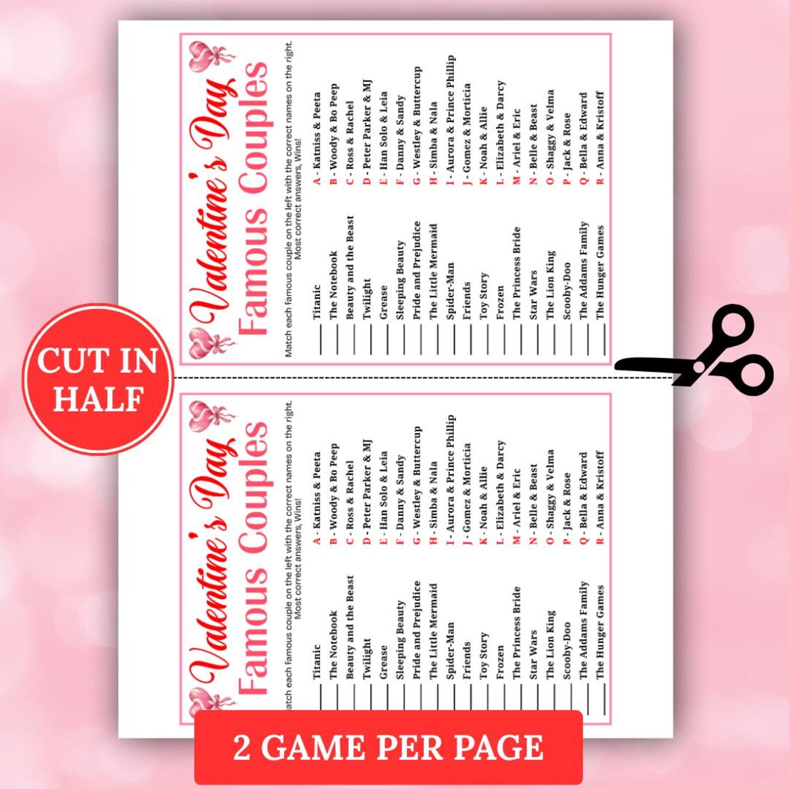 Match the Famous Couples Game, Valentine's Day Match-up Game, Holiday ...