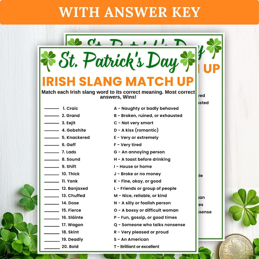 St Patricks Day Irish Slang Match up Game, Office Party Icebreaker, St ...