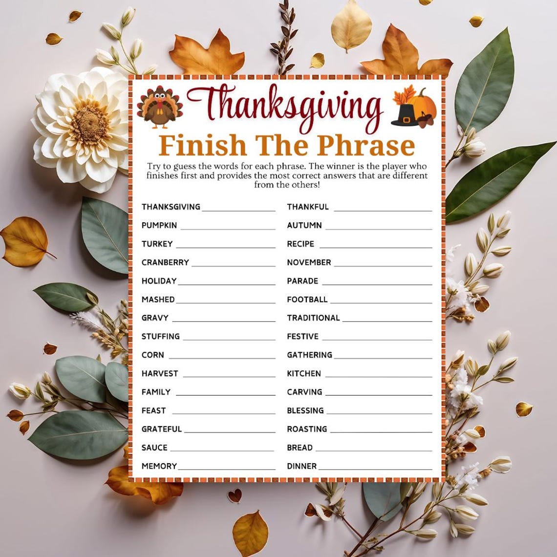 Thanksgiving Finish the Phrase Game, Printable Thanksgiving Party Games ...