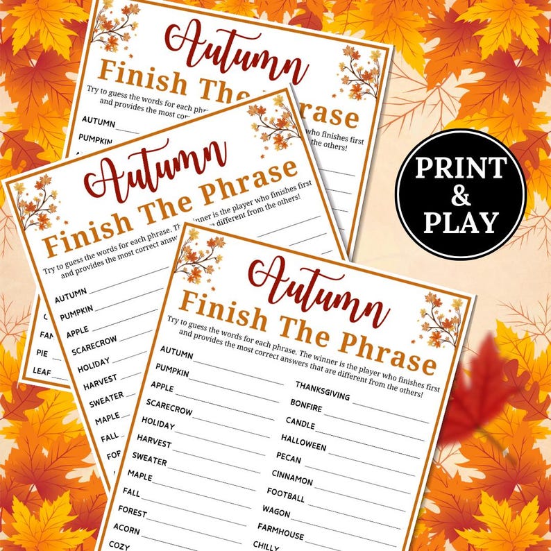 Fall Finish the Phrase Game, Printable Autumn Party Games, Fun Fall ...