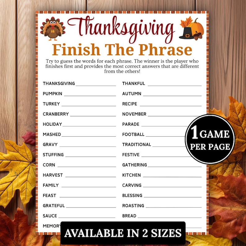 Thanksgiving Finish the Phrase Game, Printable Thanksgiving Party Games ...