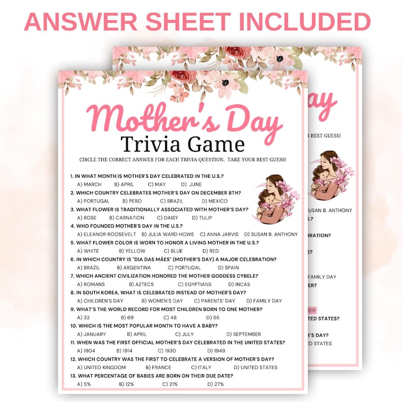 Mother's Day Trivia Game, Mother's Day Quiz Game, Mothers Day Party ...