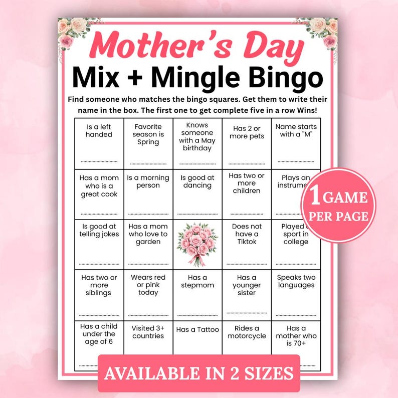 Mothers Day Mix and Mingle Bingo Game, Get to Know You, Work Party Game ...