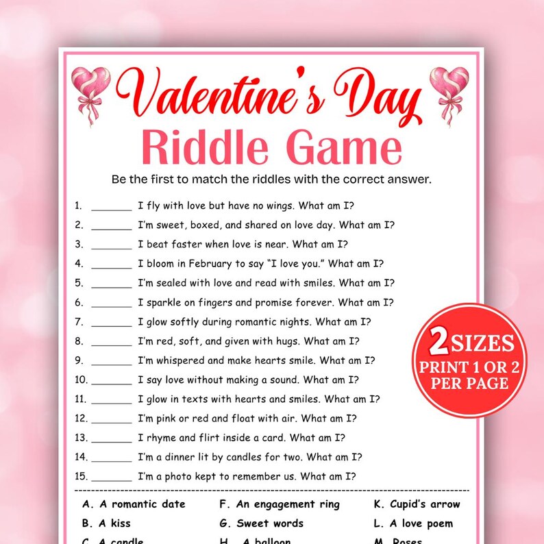 Valentine's Riddles Game, Valentines Riddle Me This Game, Holiday ...