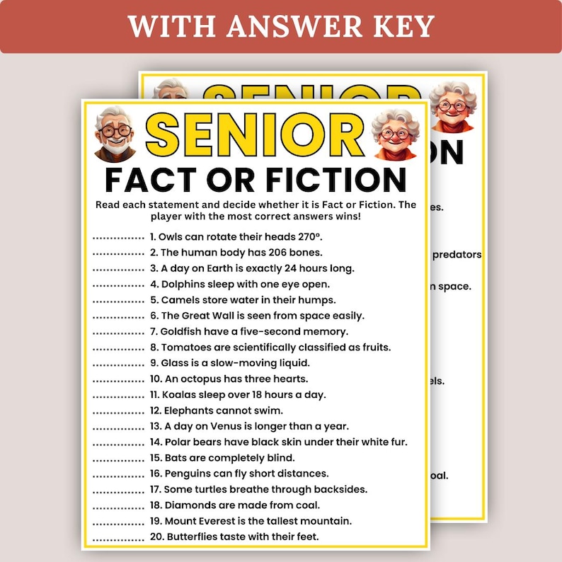Senior Fact or Fiction Game, Games for Senior Citizens, True or False ...